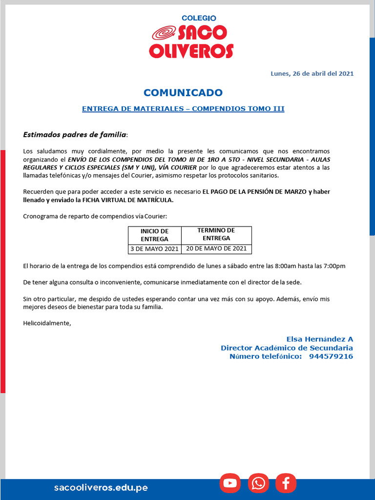 Comunicado PPFF - Entrega de Materiales Tomo III | PDF