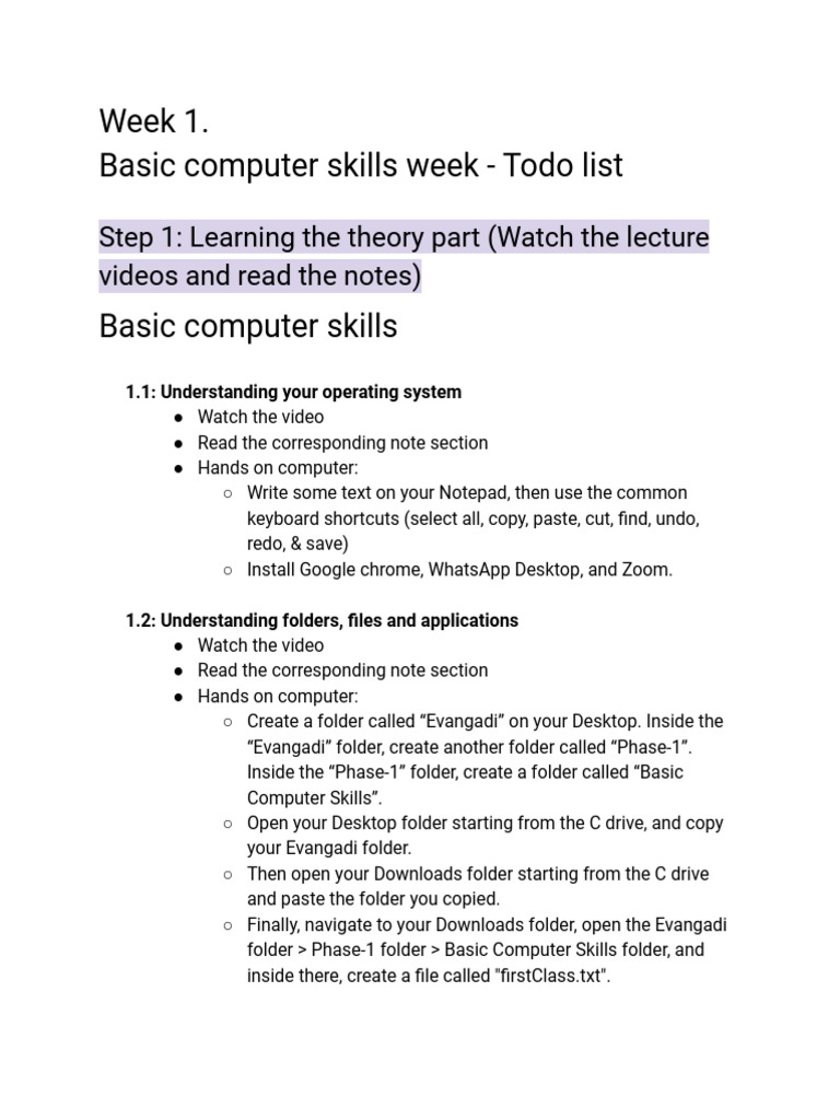 Week 1 Basic Computer Skills Todo List 2 | PDF | Zip (File Format) | Directory (Computing)