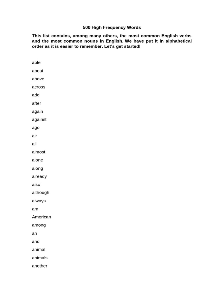 First 500 High Frequency Words | PDF | English Language