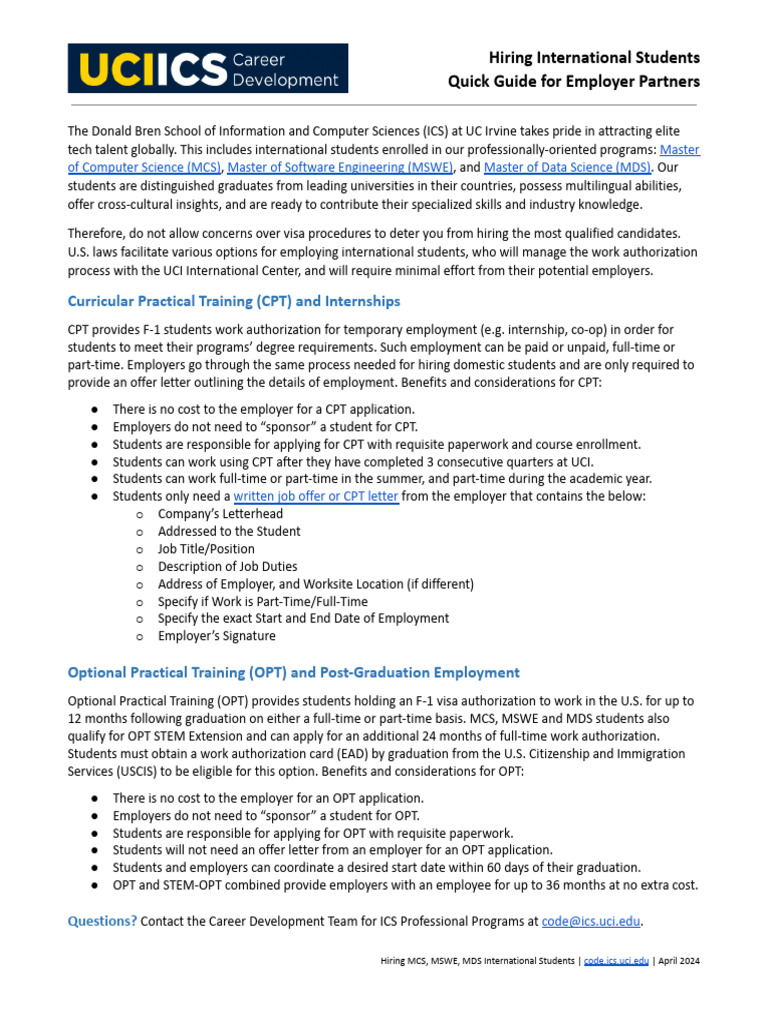 ICS CODE Hiring International Students - April 2024 | PDF | Career & Growth