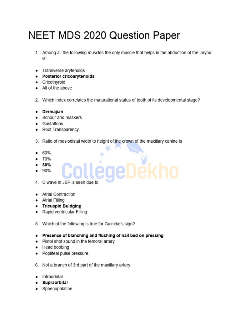 Neet Mds 2020 Question Paper | PDF | Wellness