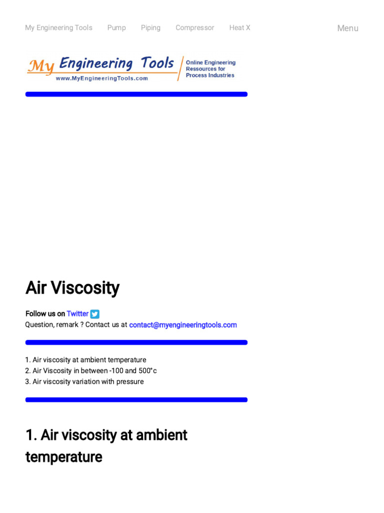 Air Viscosity Data. Variations With Temperature and Pressure | PDF ...