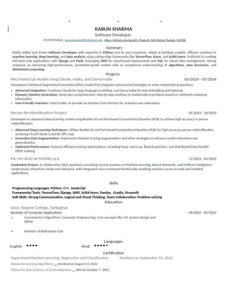 Karun Sharma Resume | PDF | Machine Learning | Deep Learning