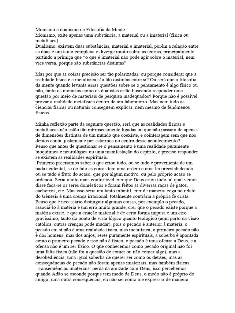 Monismo e Dualismo na Filosofia da Mente | PDF | Pecado | Monismo
