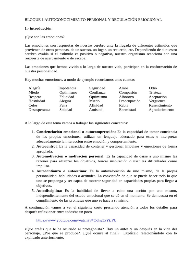 Bloque 1 Autoconocimiento Personal | PDF | Las emociones | Sicología