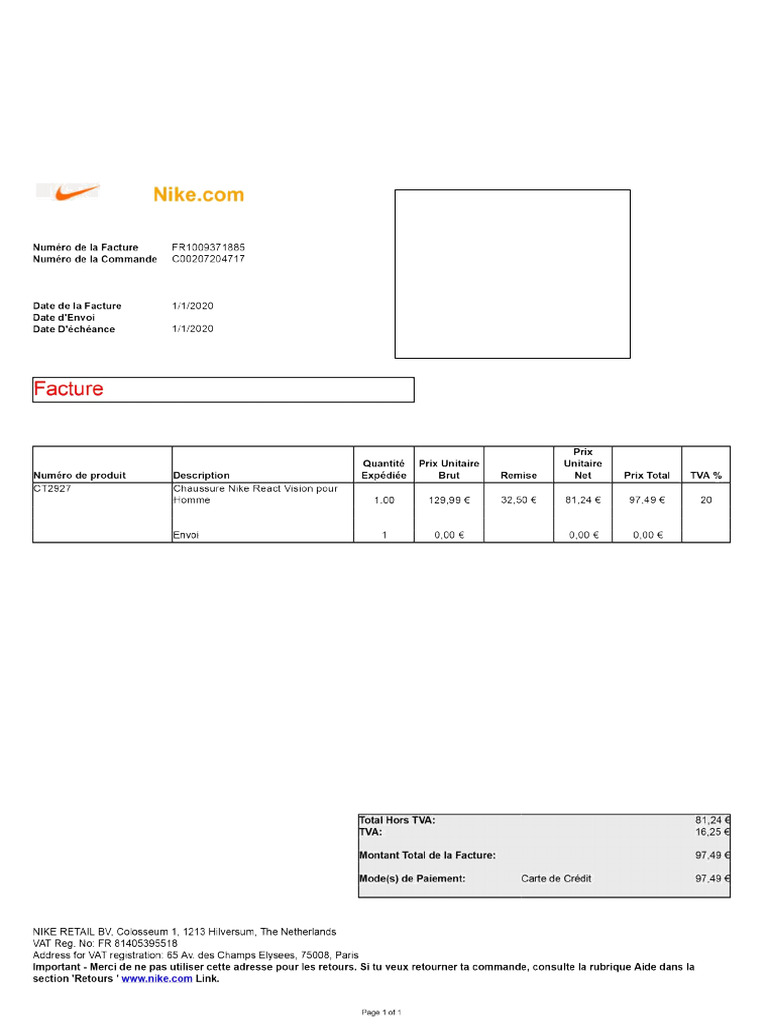 Facture Nike Modifiable | PDF