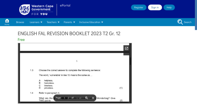 ENGLISH FAL REVISION BOOKLET 2023 T2 Gr. 12 - WCED Eportal | PDF