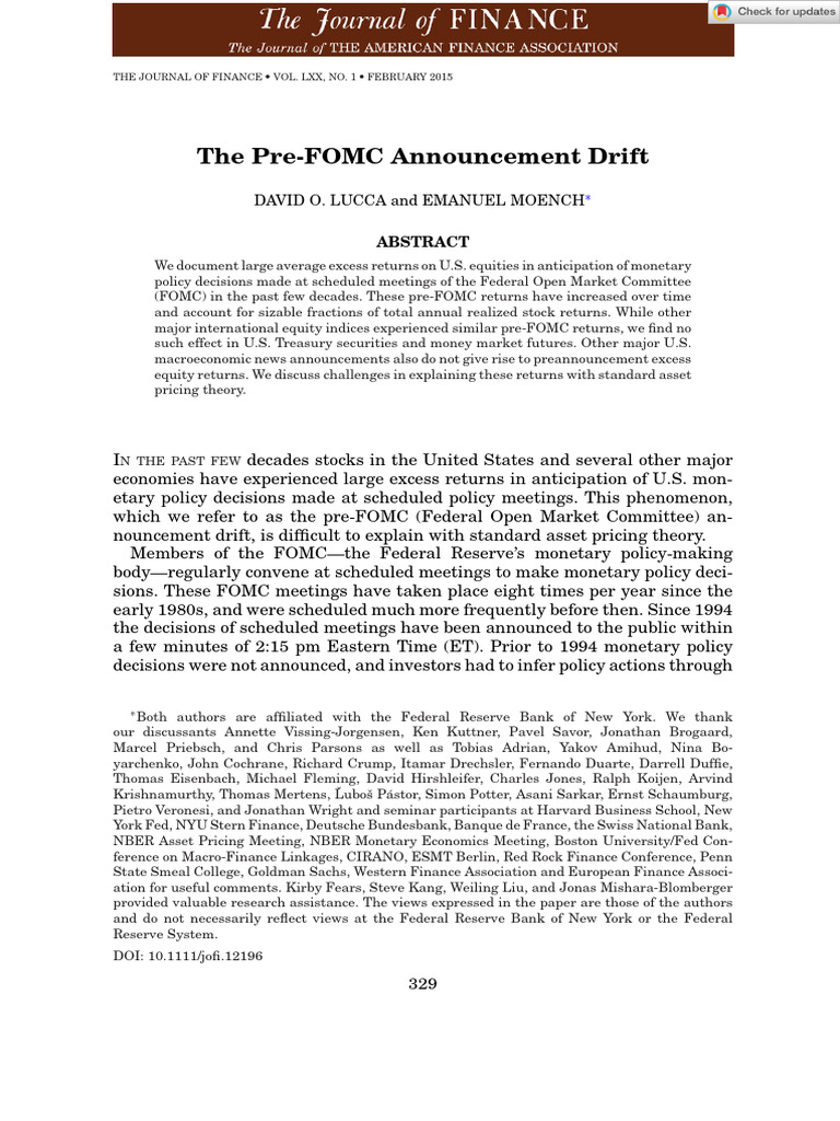 The Pre FOMC Announcement Drift | PDF | Federal Open Market Committee | Federal Reserve