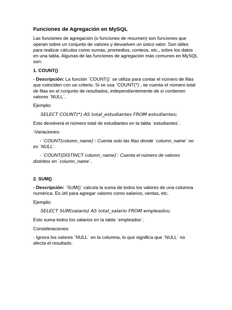 Funciones de Agregacion (O Funciones de Resumen) y Las Cláusuas GROUP ...