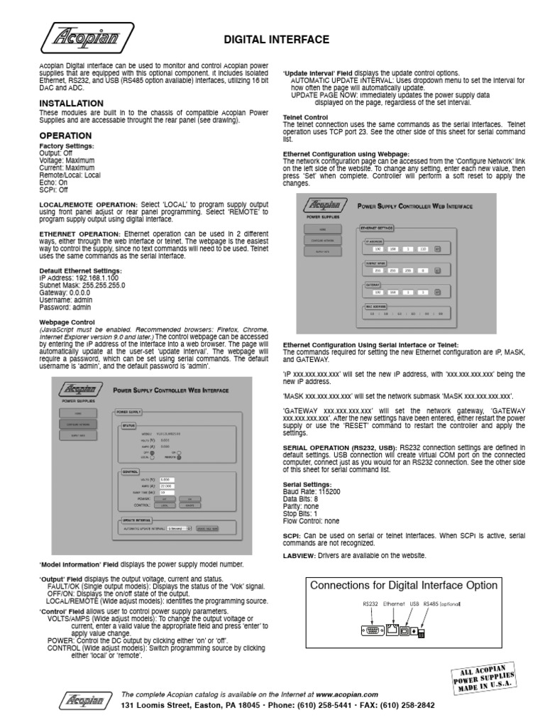 Acopian Digital Interface Overview | PDF | Power Supply | Ip Address