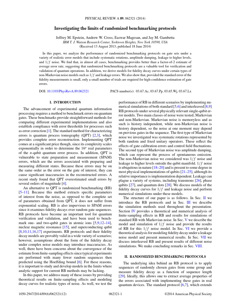 Epstein Et Al. - 2014 - Investigating The Limits of Randomized Benchmarking Protocols | PDF ...