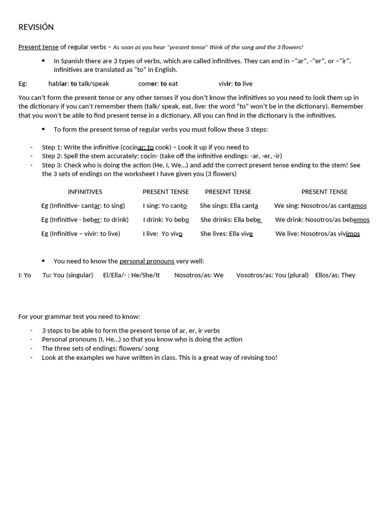 REVISION NOTES Present Tense of Regular Verbs - 1 | PDF