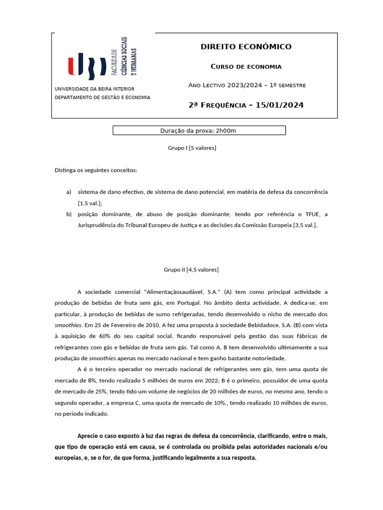 2 Frequência Dto Ec 2023.2024 | PDF | Portugal | Mercado (economia)