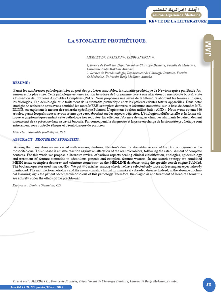 Stomatite Prothétique : Étiologie et Traitement | PDF | Prothèse | Salive