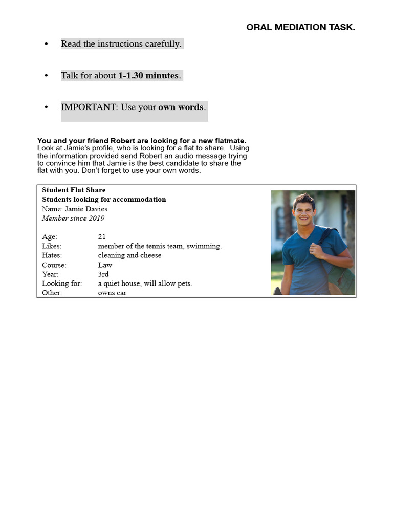 Oral Mediation Task. A Flatmate. | PDF