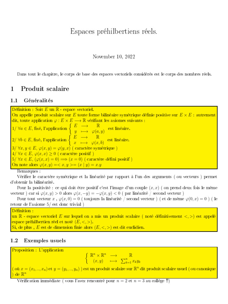 Espaces préhilbertiens et produits scalaires | PDF | Espace euclidien ...