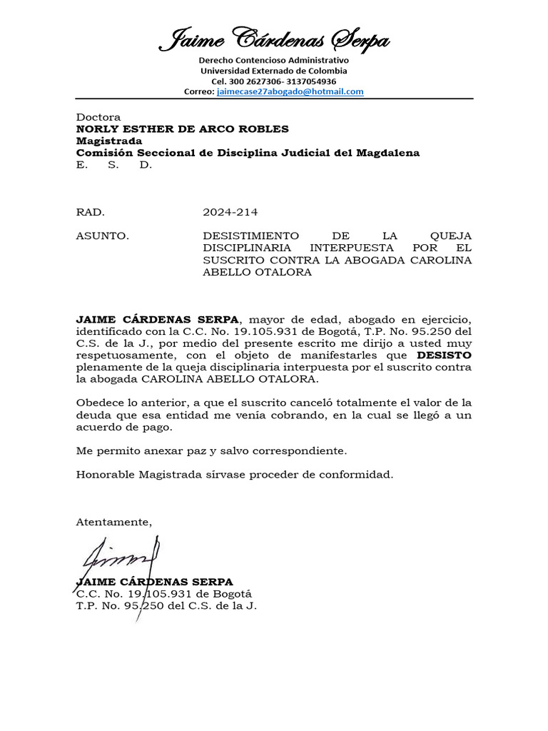 Desistimiento Queja Disciplinaria Carolina Abello | PDF