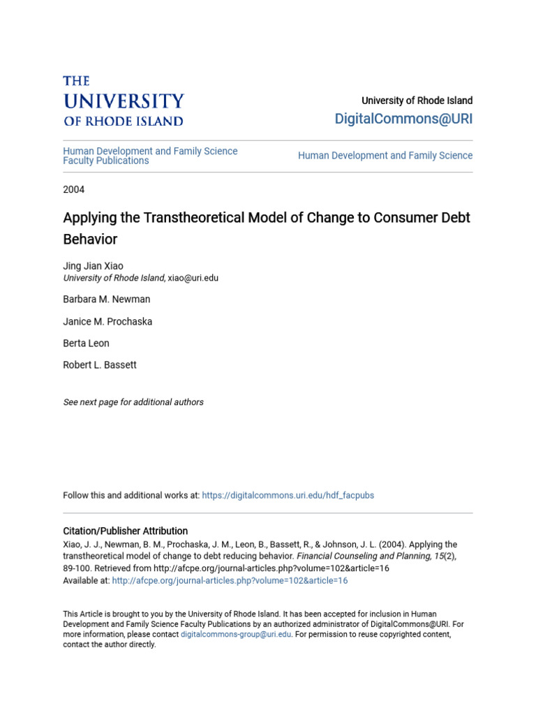 Applying The Transtheoretical Model of Change To Consumer Debt Be | PDF ...