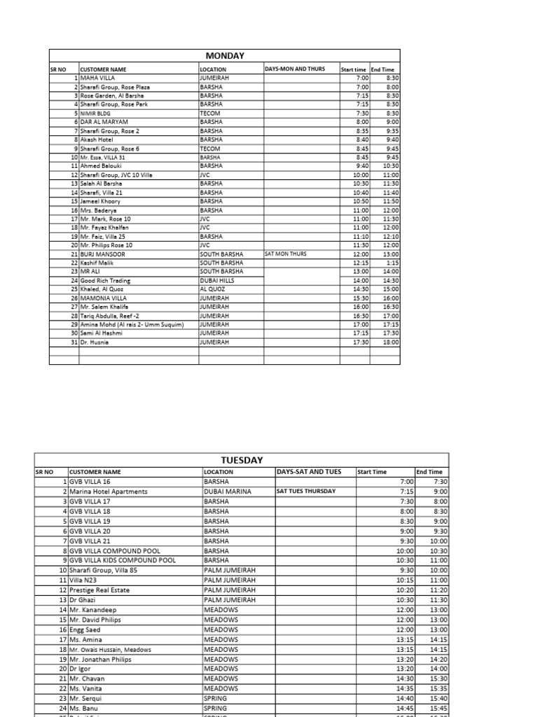 Weekly Customer Schedule Overview | PDF | United Arab Emirates