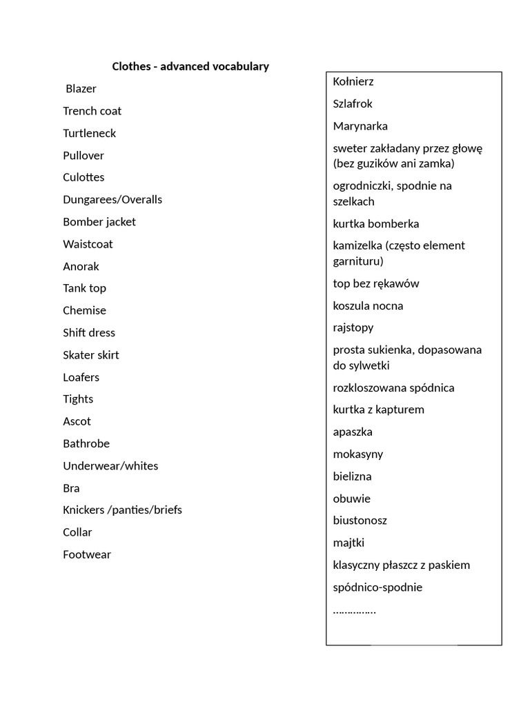 Advanced Clothing Vocabulary Guide | PDF | Sweater | Clothing