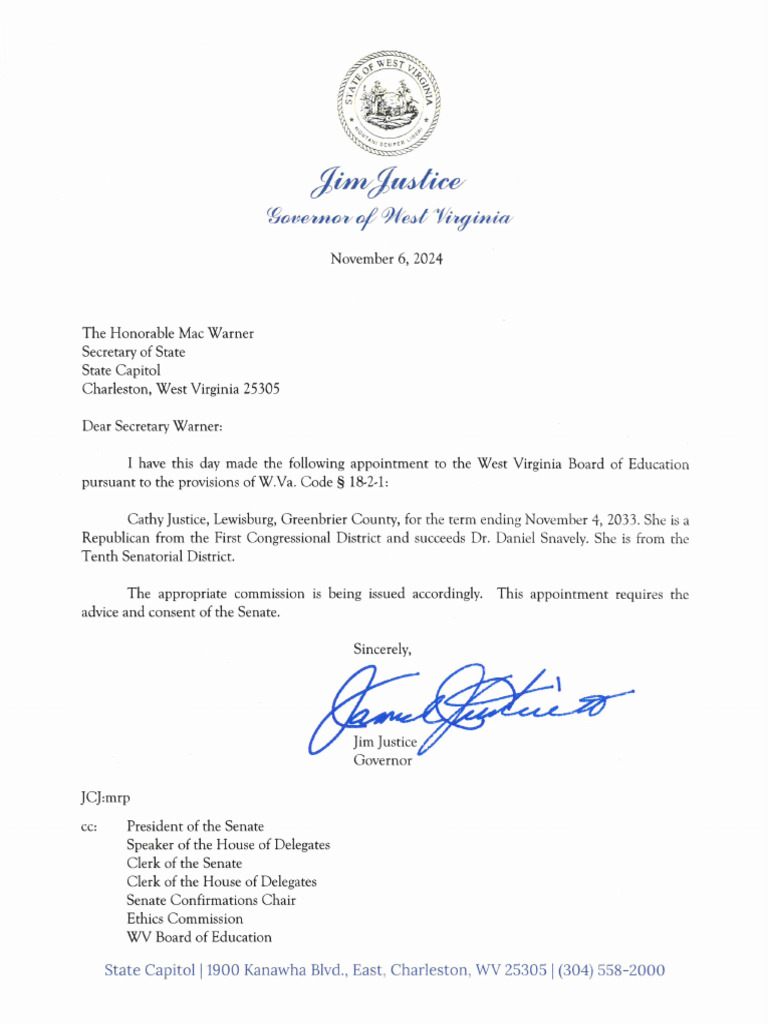 Cathy Justice Appointment Letter | PDF