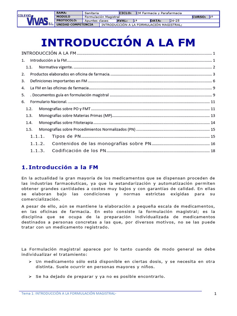 Tema 1. - Introduccion A Formulacion Magistral | PDF | Farmacia | Medicamentos con receta