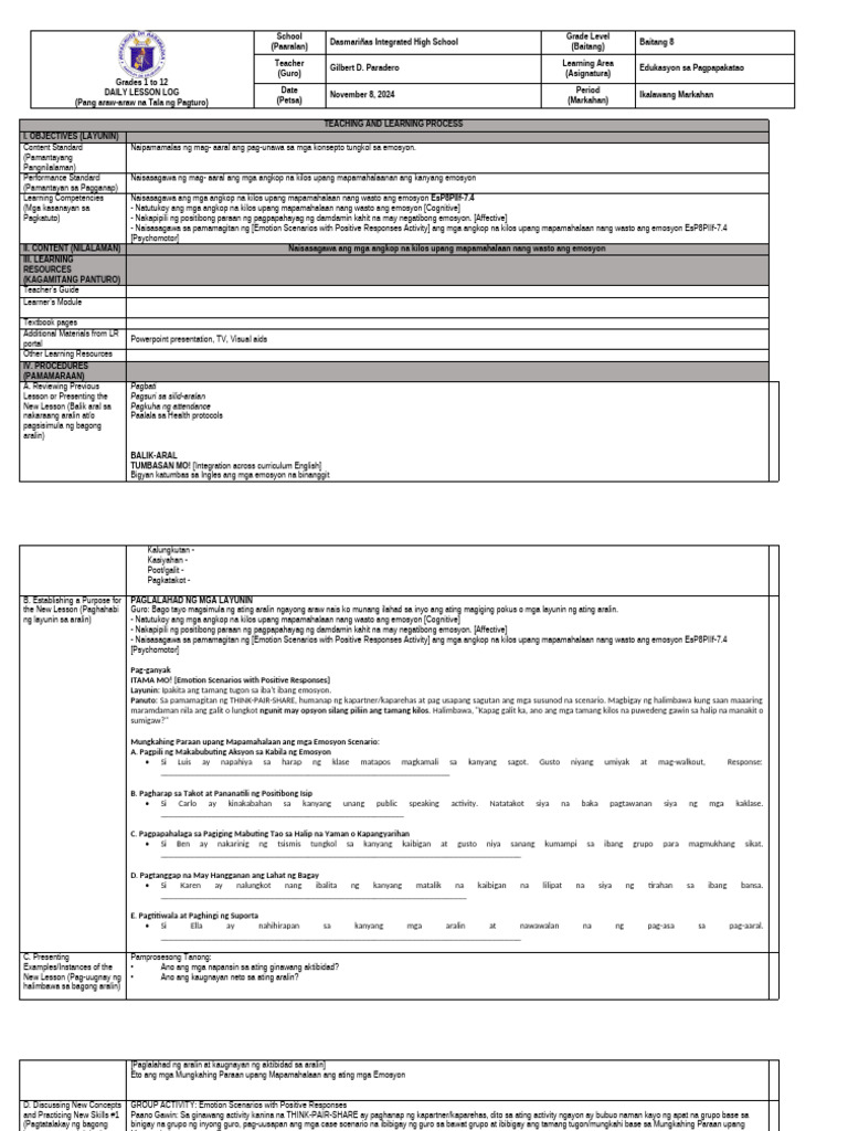 EsP8 Q2 M7 CO DLP NAISASAGAWA ANG MGA ANGKOP NA KILOS | PDF