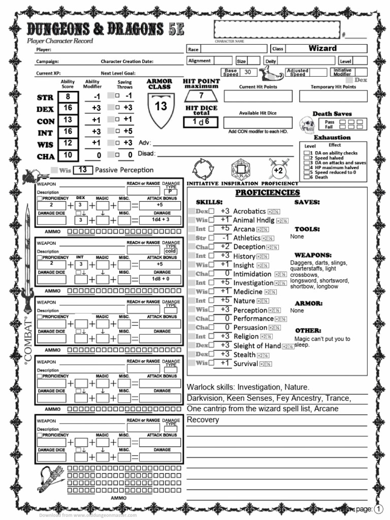 5e Character Sheet-Elf Wizard | PDF