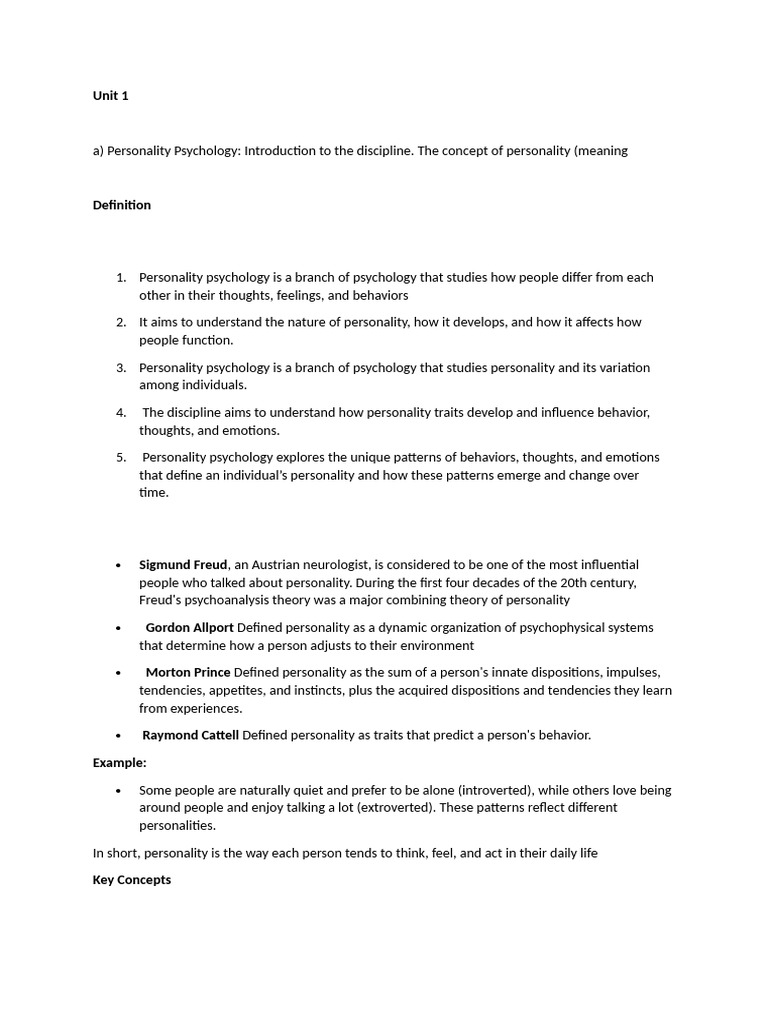 Unit 1 Personality | PDF | Personality Psychology | Psychology