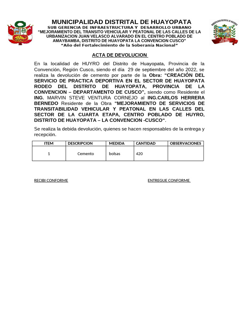 Acta de Devolucion | PDF