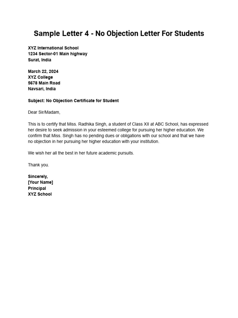 NOC Letter for Student Admission | PDF
