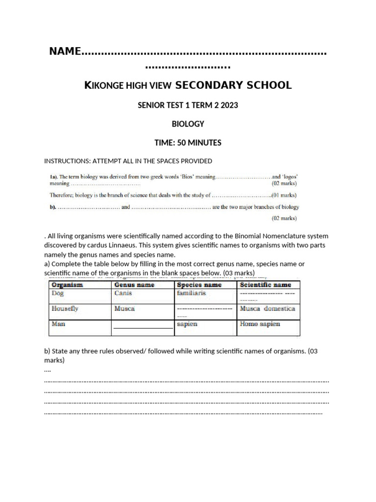 Senior One Bio Test One | PDF