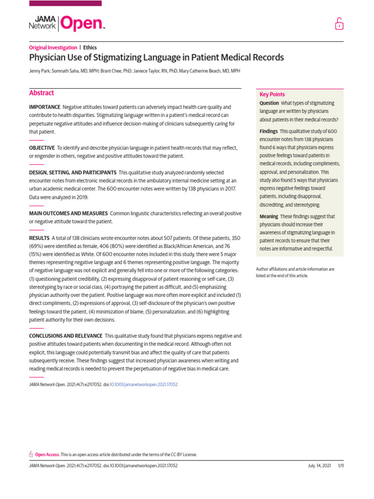 Physician Use of Stigmatizing Language in Patient Medical Records | PDF ...