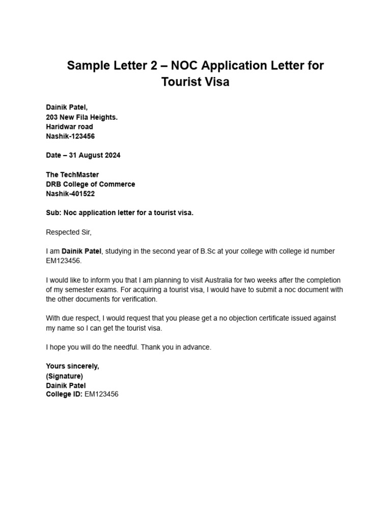 Sample Letter 2 - NOC Application Letter For Tourist Visa | PDF