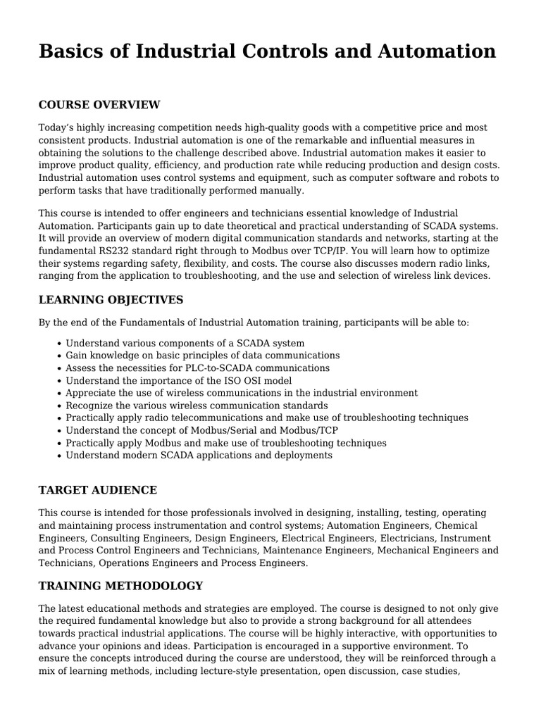 Basics of Industrial Controls and Automation - Course Outline | PDF ...