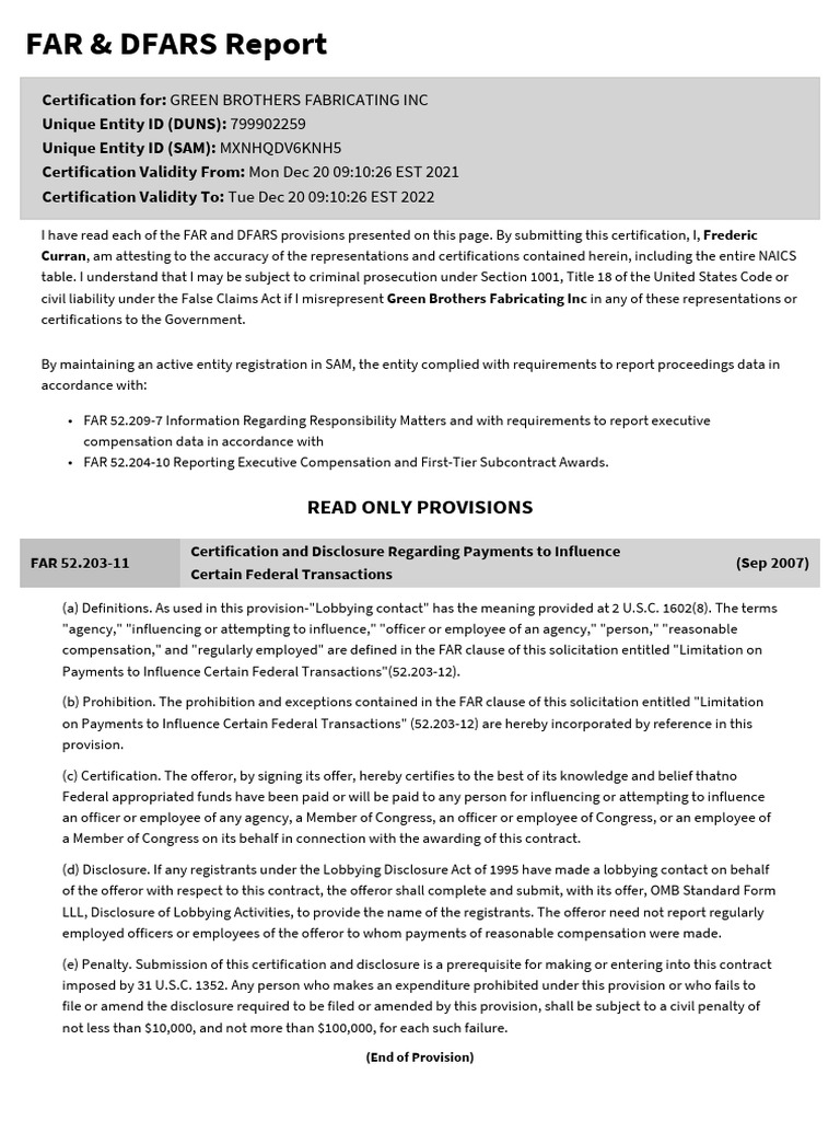 Reps & Certs Green Brothers Fabricating 2021-2022 | PDF | Employment ...