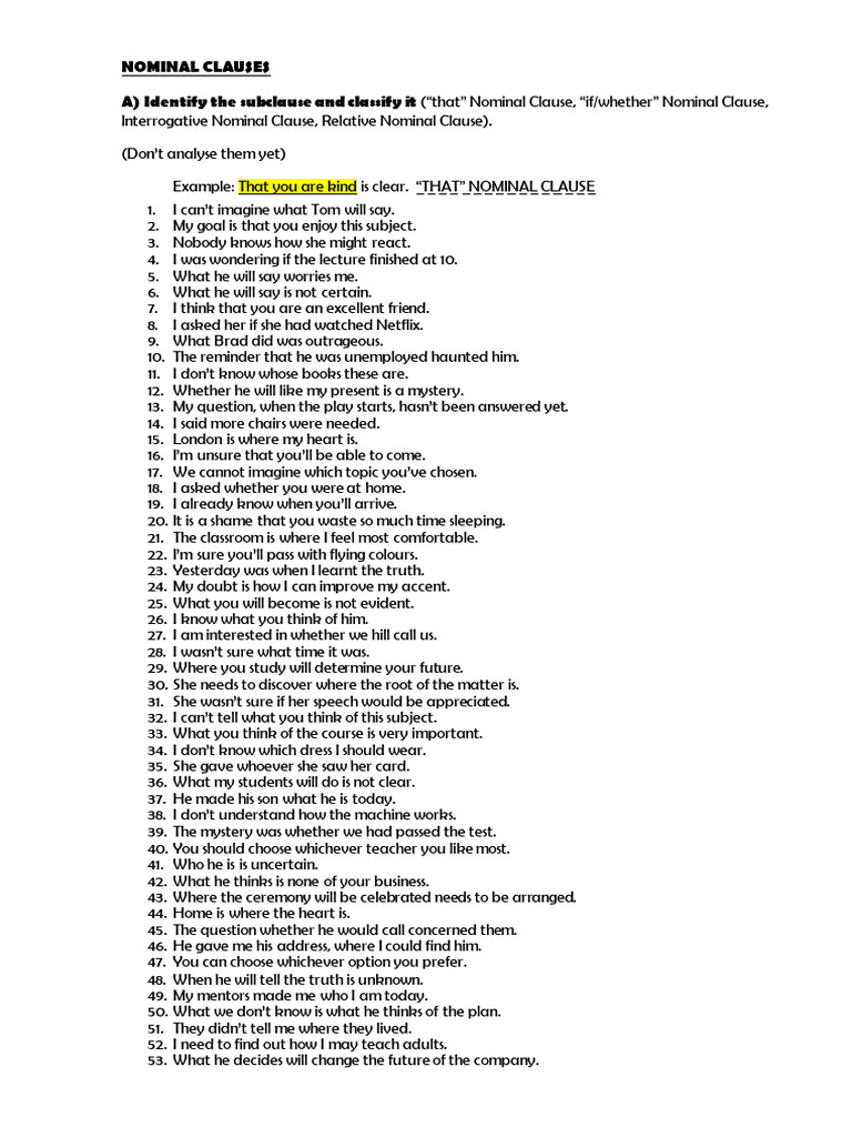 Nominal Clauses (1) | PDF | Sentence (Linguistics) | Grammar