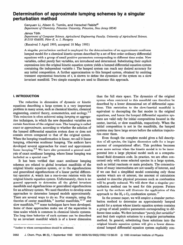 Determination of Approximate Lumping Schemes by A Singular Perturbation Method | PDF | Nonlinear ...