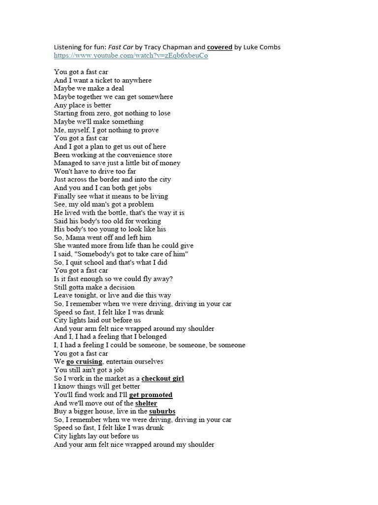 Can-Could-Tracy Chapman Fast Car | PDF | Language Arts & Discipline ...