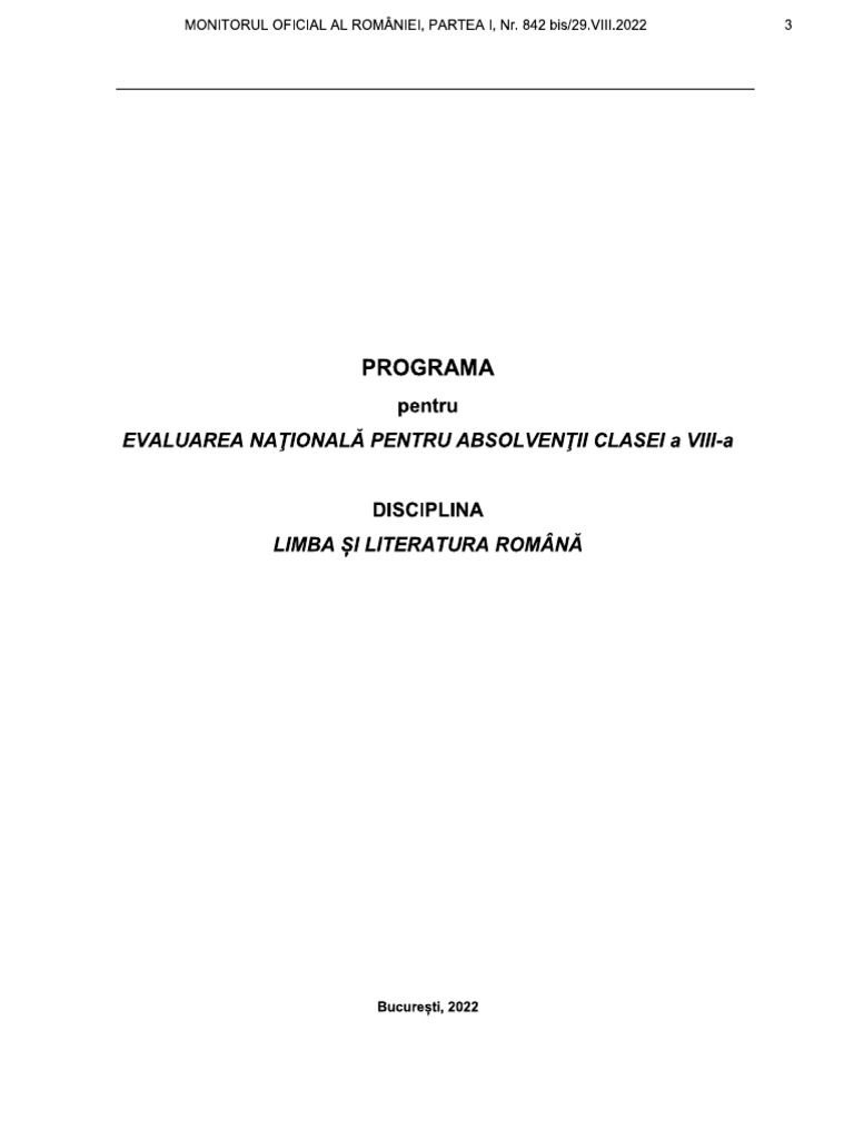 Programa de Examen La Limba Romana Pentru Evaluarea Nationala 2024 | PDF
