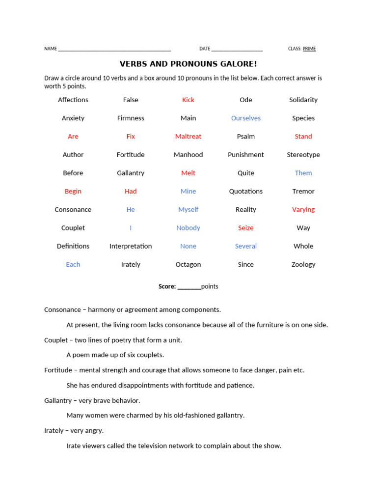 Verbs And Pronouns With Answers Pdf