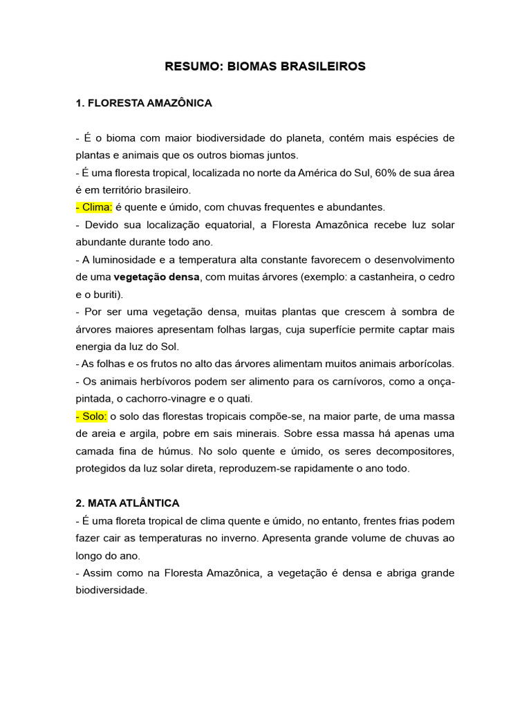 Resumo: Biomas Brasileiros: 1. Floresta Amazônica | PDF | Florestas ...