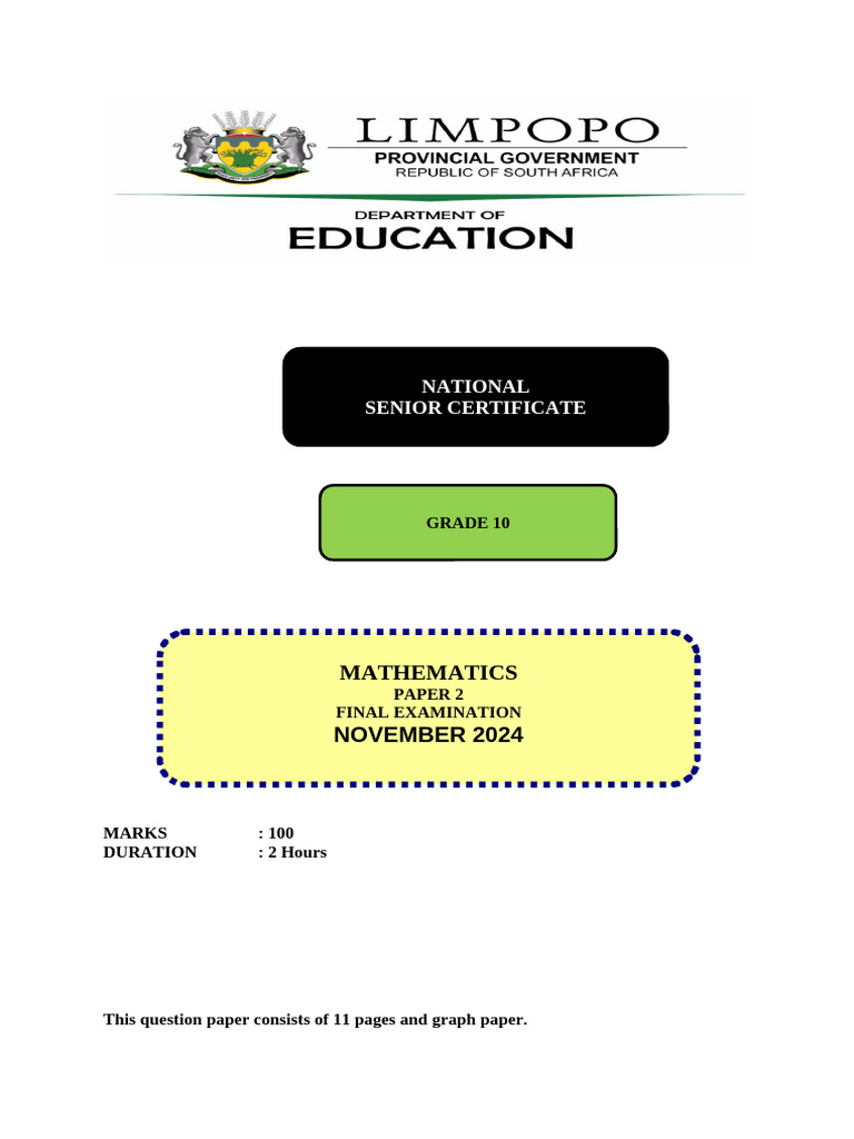 Grade 10 Mathematics Paper 2 Exam 2024 | PDF | Area | Sphere