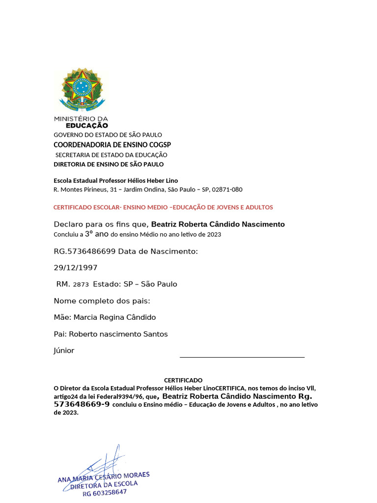 Certificado EJA Ensino Médio 2023 | PDF