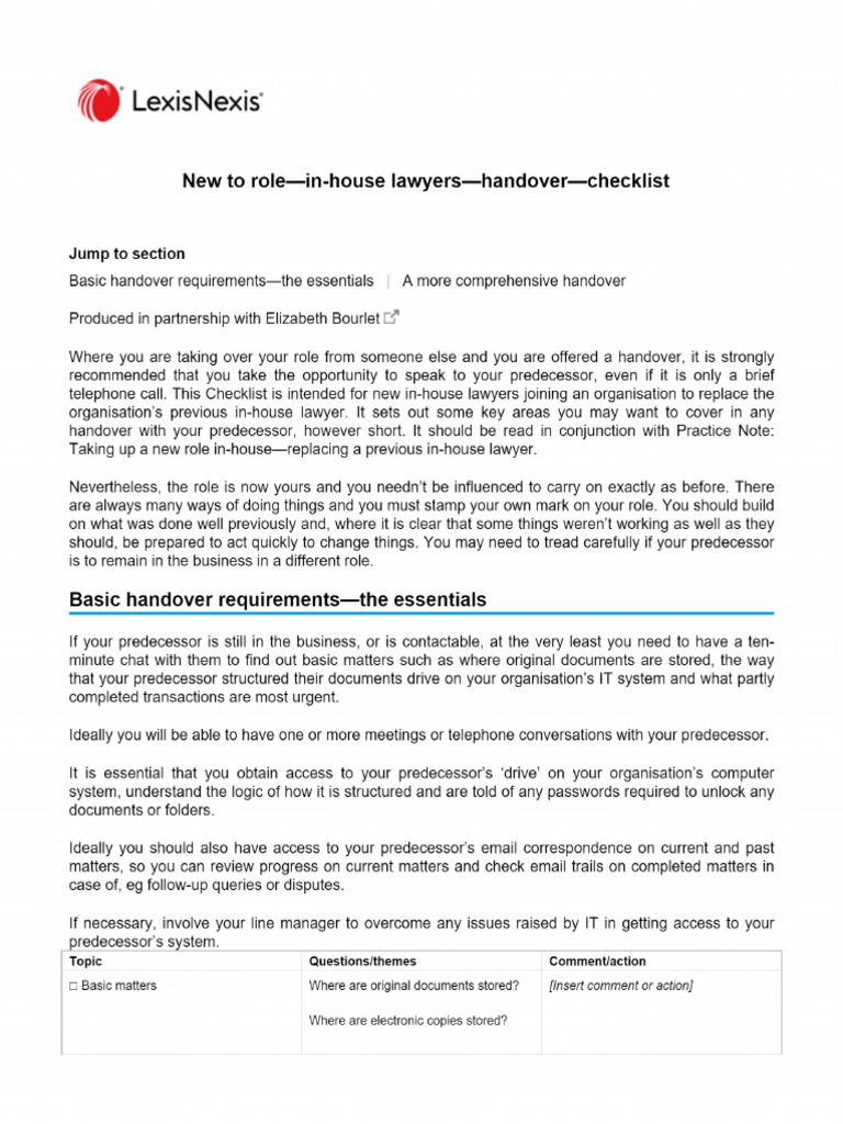 New To Role-In-House Lawyers-Handover-Checklist | PDF