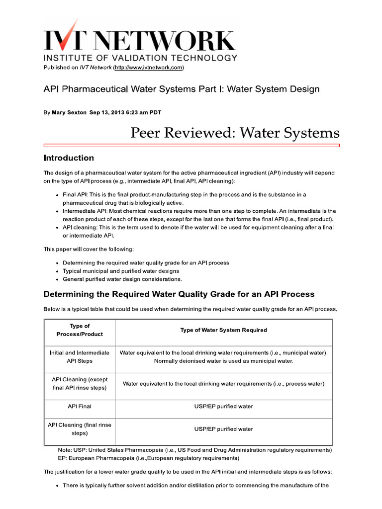 API Pharmaceutical Water Systems Part I - Water System DesigNS | PDF