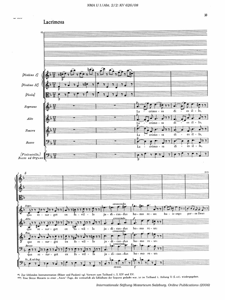 Lacrimosa (Mozart Requiem) Unfinished Version | PDF