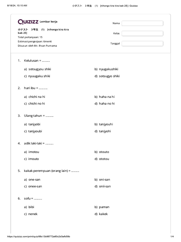 小テスト 3年生 (1) (nihongo kira kira bab 25) - Quizizz | PDF