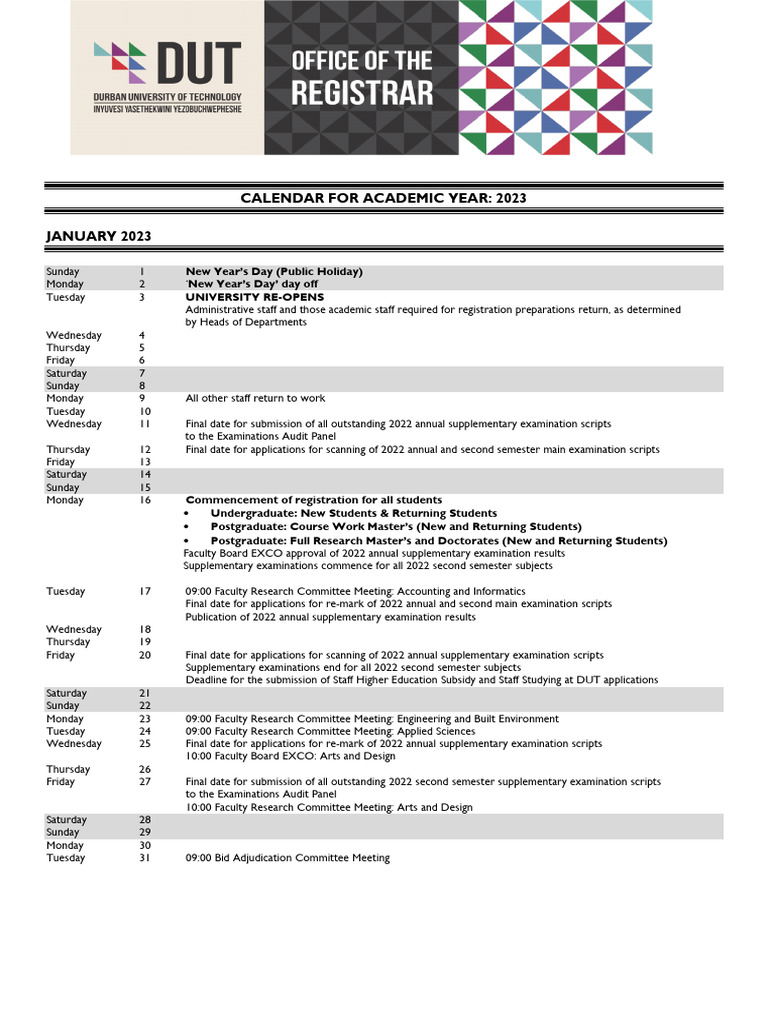 DUT Second Semester Academic Calendar | PDF | Academic Term ...