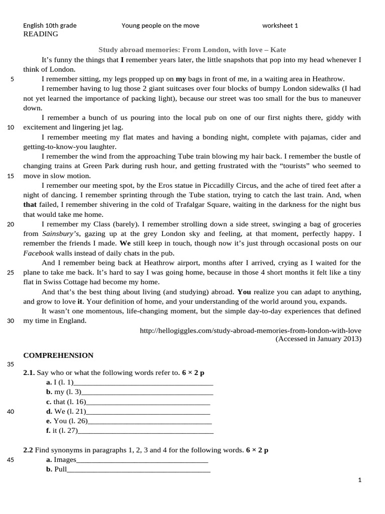 Young People On The Move - Worksheet 1 | PDF | Linguistics